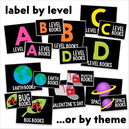 Classroom Library Labels for Books and Bins with Black Background ...