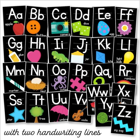 Alphabet Posters With Two Lines - Black Background - Kinder Craze