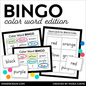 Color Word Bingo - Class set of 30 Bingo Cards - Kinder Craze